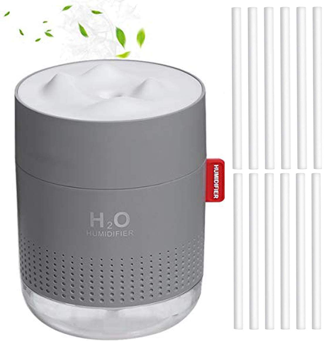 Mini Humidifiers for Bedroom, Indoor 500ml Small Cool Mist Portable Personal Plant Humidifier with 10 Cotton Filter Sticks, Night Light, Auto Shut-Off, Two Spray Modes, Whisper Quiet for Office - Gray