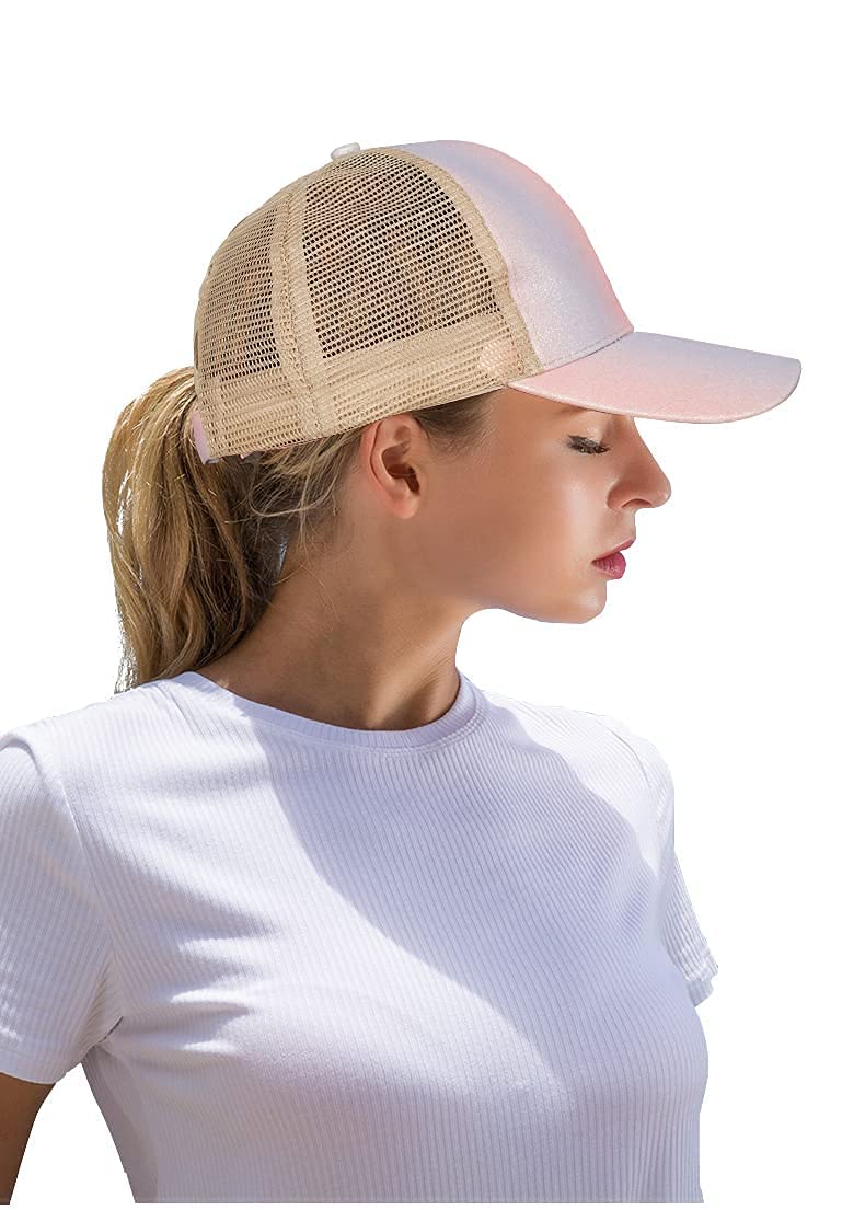 Bling Ponytail Hat Baseball Cap Mesh Criss Cross Ponytail Hat Women's Adjustable Messy Bun Hat Sequins Glitter Ponycap
