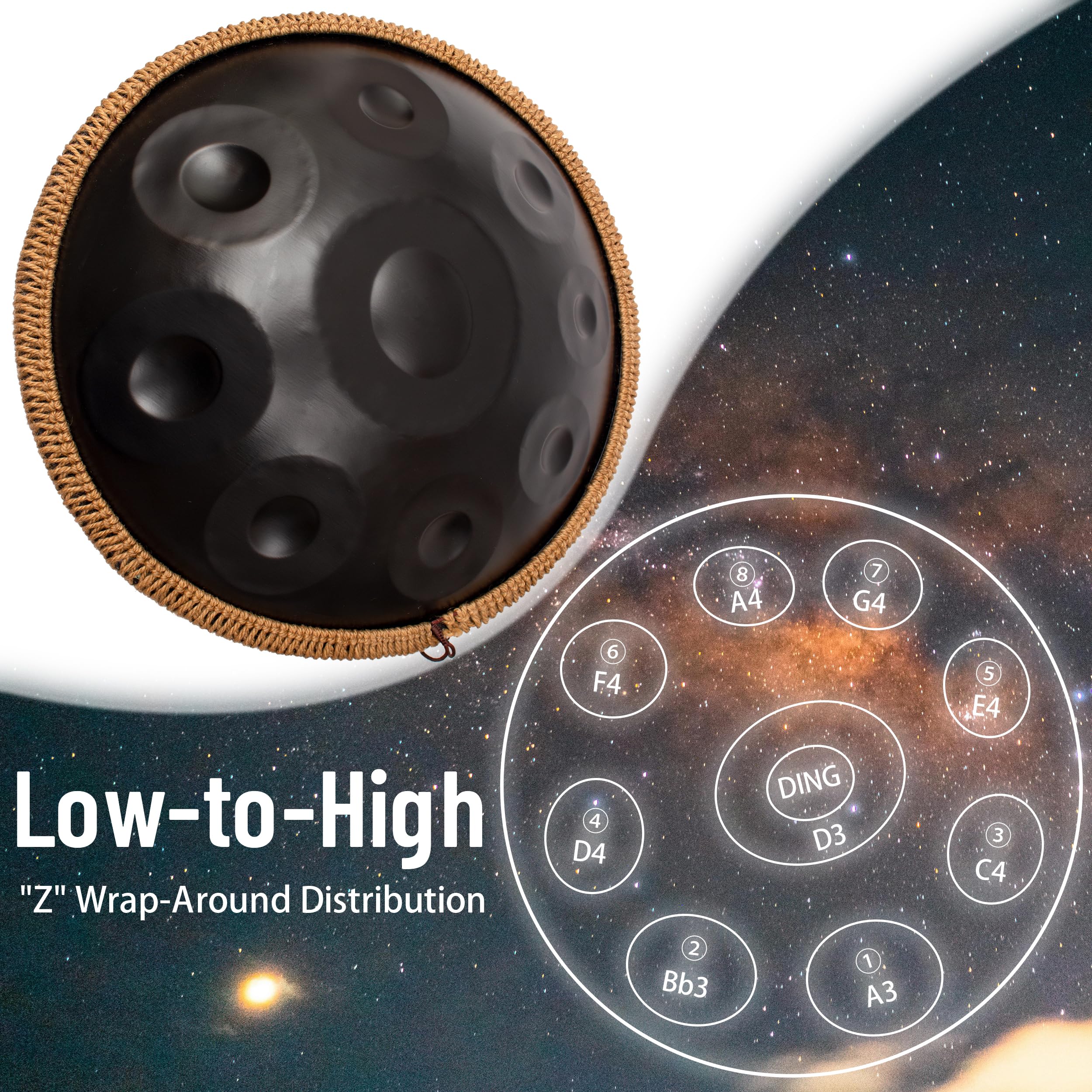 LOMUTY Handpan 22 inch D Minor Kurd Handpan 9 Notes Handpan Drum Instrument for Professional Performance, 440HZ Sound Handpan Drums for Adults (Black)