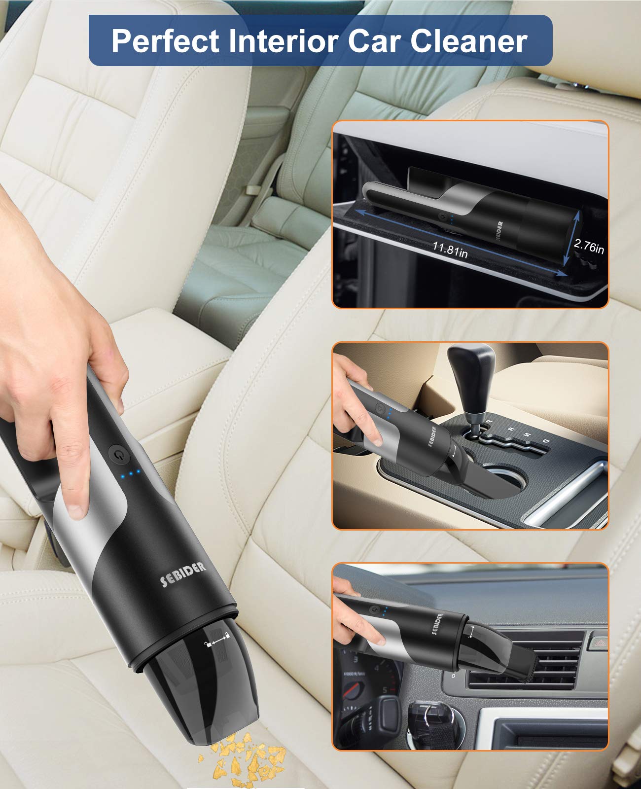 SEBIDER Handheld Vacuum Cleaner 8000Pa Cordless Hand Mini Car Vacuum Rechargeable Portable Vac for Pet Hair, Home, Carpet, Car Cleaning(Black Gray)