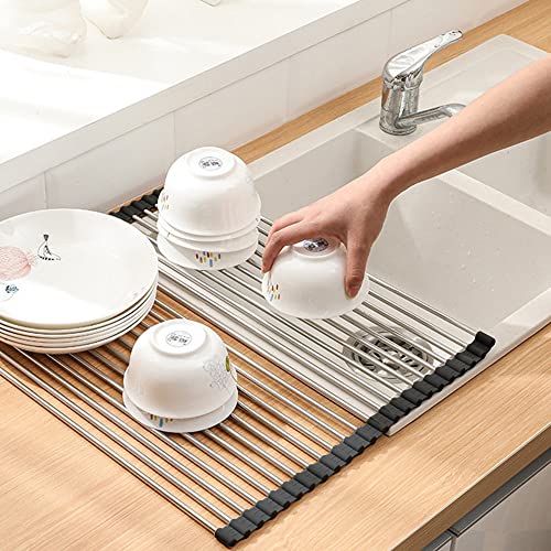 MGahyi Roll Up Dish Drying Rack, Over The Sink Drying Rack, Multipurpose 304 Stainless Steel Silicone Wrapped Steel Roll-Up , Folding Dish Rack for Kitchen Sink (Black, 17.3" x 10.2")