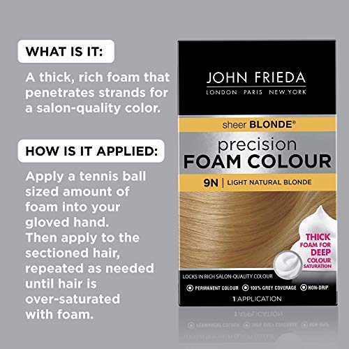 John Frieda Blonde Permanent Precision Foam Hair Color, Blonde Hair Dye, 9N Light Natural Blonde Hair Color Kit, 1 Application