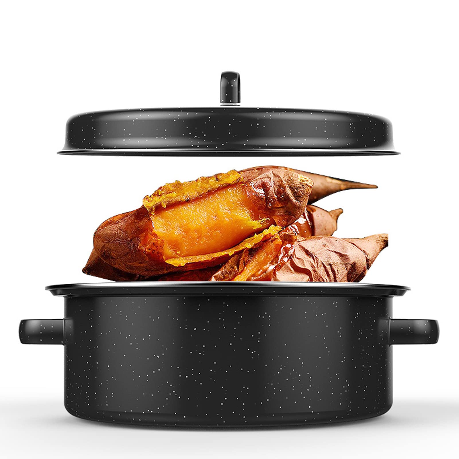 Covered Round Roaster, Non Stick Roasting Pan With Lid and Shelf, Speckled Black Large Capacity Multi Use Roaster Pan, Enamel Broiler Pan for Turkey, Meat, Vegetables, Sweet Potatoes, Chestnuts(26cm)