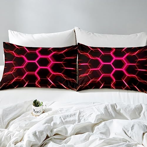 Erosebridal Honeycomb Bedding Set for Girls,Red Pink 3D Beehive Comforter Cover,Geometric Hexagon Duvet Cover,Glowing Glitter Neon Lights Bed Sets Full Chic Simplistic Style Bedroom Decor Black