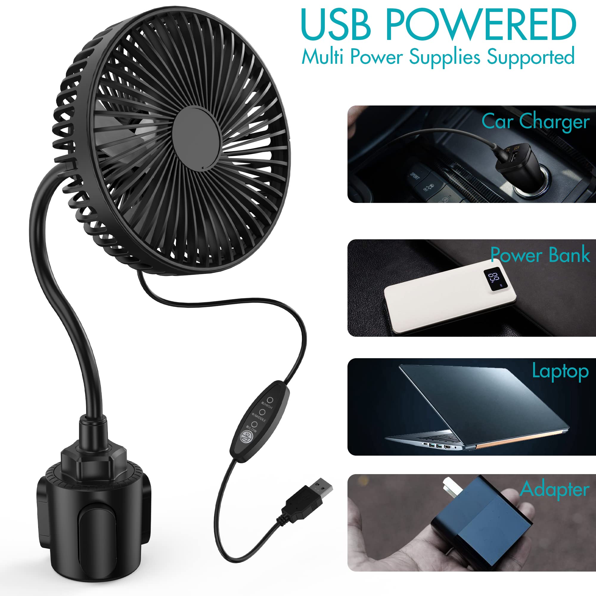Car Cooling Fan, 6 Inch Slim Air Circulator Fan, 360° Rotation Bendable Gooseneck 3 Speeds USB Powered with Retractable Mounting Cup Base for Car Truck SUV RV Bus
