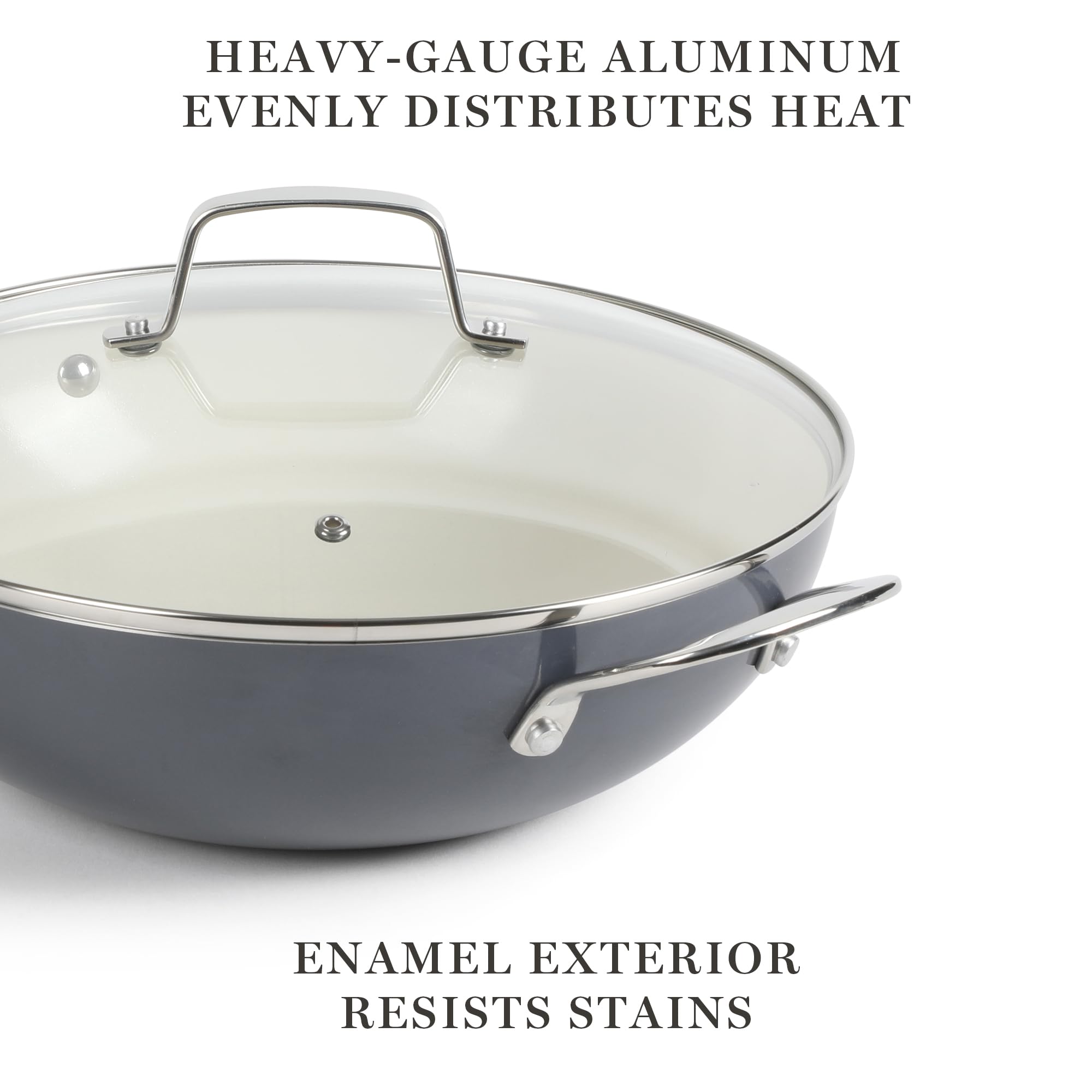 Martha Stewart Lockton 12" Essential Multipurpose Heavy Gauge Aluminum Frypan/Wok Pan w/PFA Free Premium Ceramic Nonstick Interior- Grey