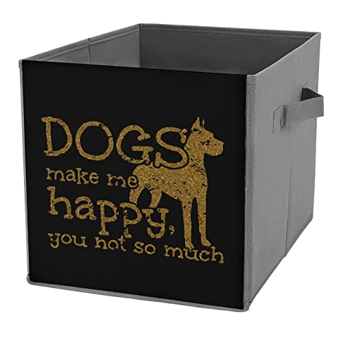 Dogs Make Me Happy PU Leather Collapsible Storage Bins Canvas Cube Organizer Basket with Handles