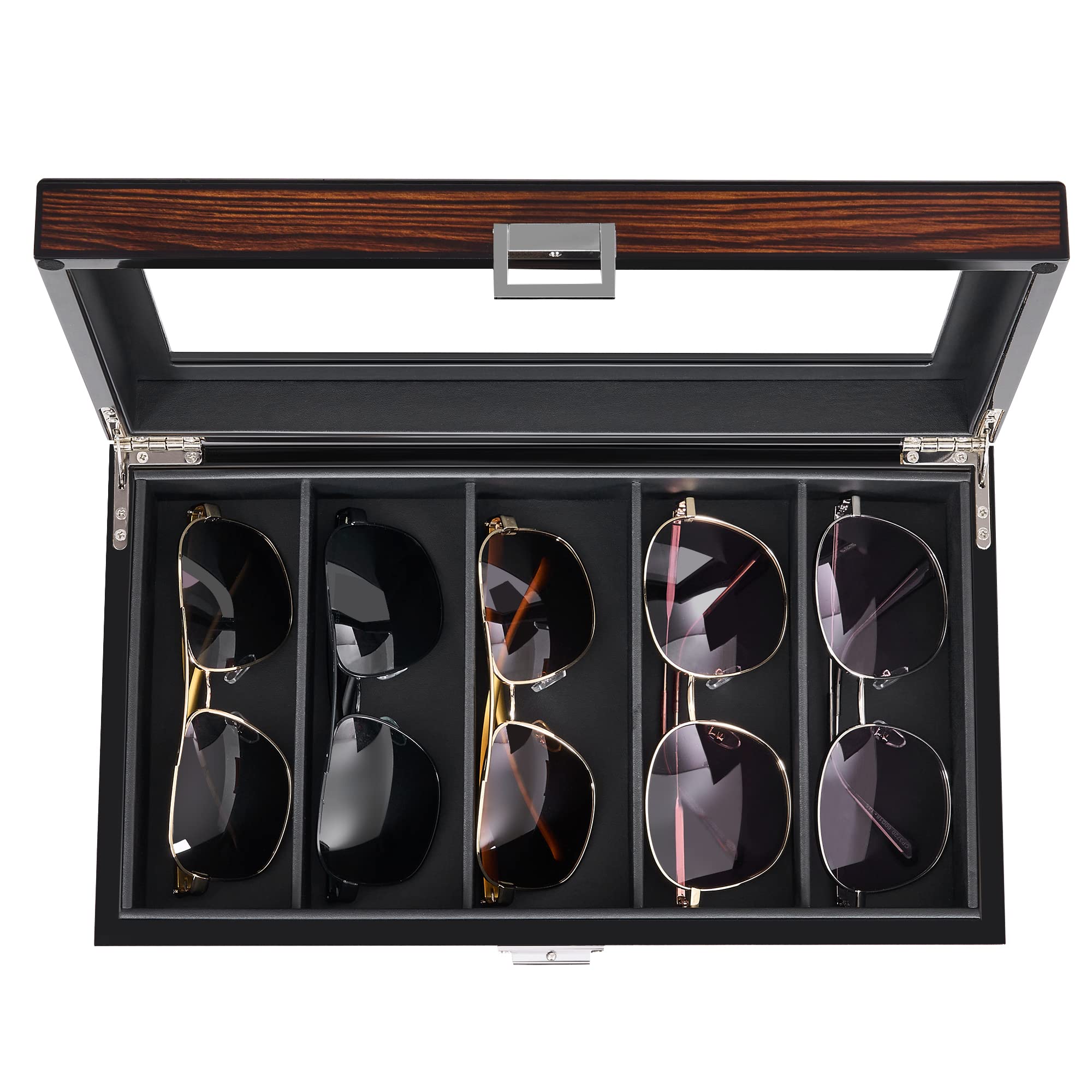 BEWISHOME Sunglass Organizer for Women Men, 5 Slot Sunglasses Case Organizer, Eyeglasses Storage Box with Clear Glass Top, Smooth Faux Leather Interior, Brown SSH05Y