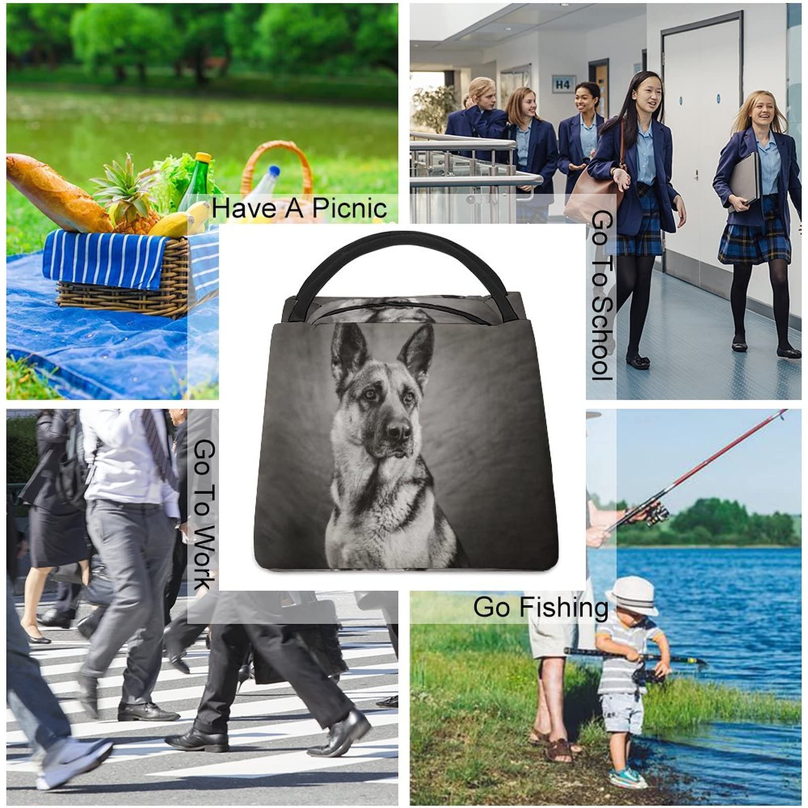 Black and White German Shepherd Lunch Bag for Women Men Reusable Insulated Lunch Box Portable Lunch Tote Bag for Travel Work