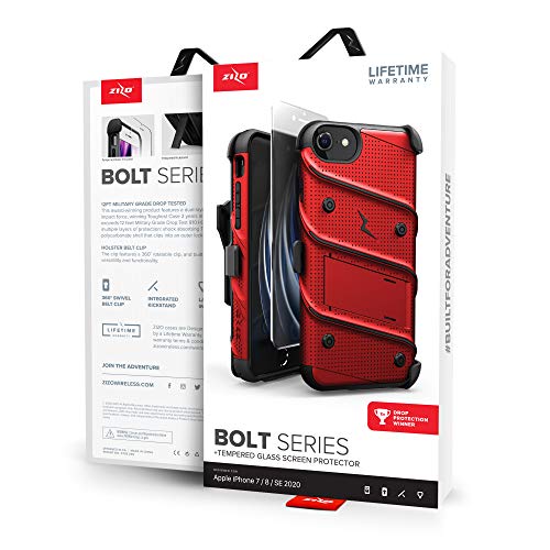 ZIZO Bolt Series for iPhone SE (3rd and 2nd gen)/8/7 Case with Screen Protector Kickstand Holster Lanyard - Red & Black
