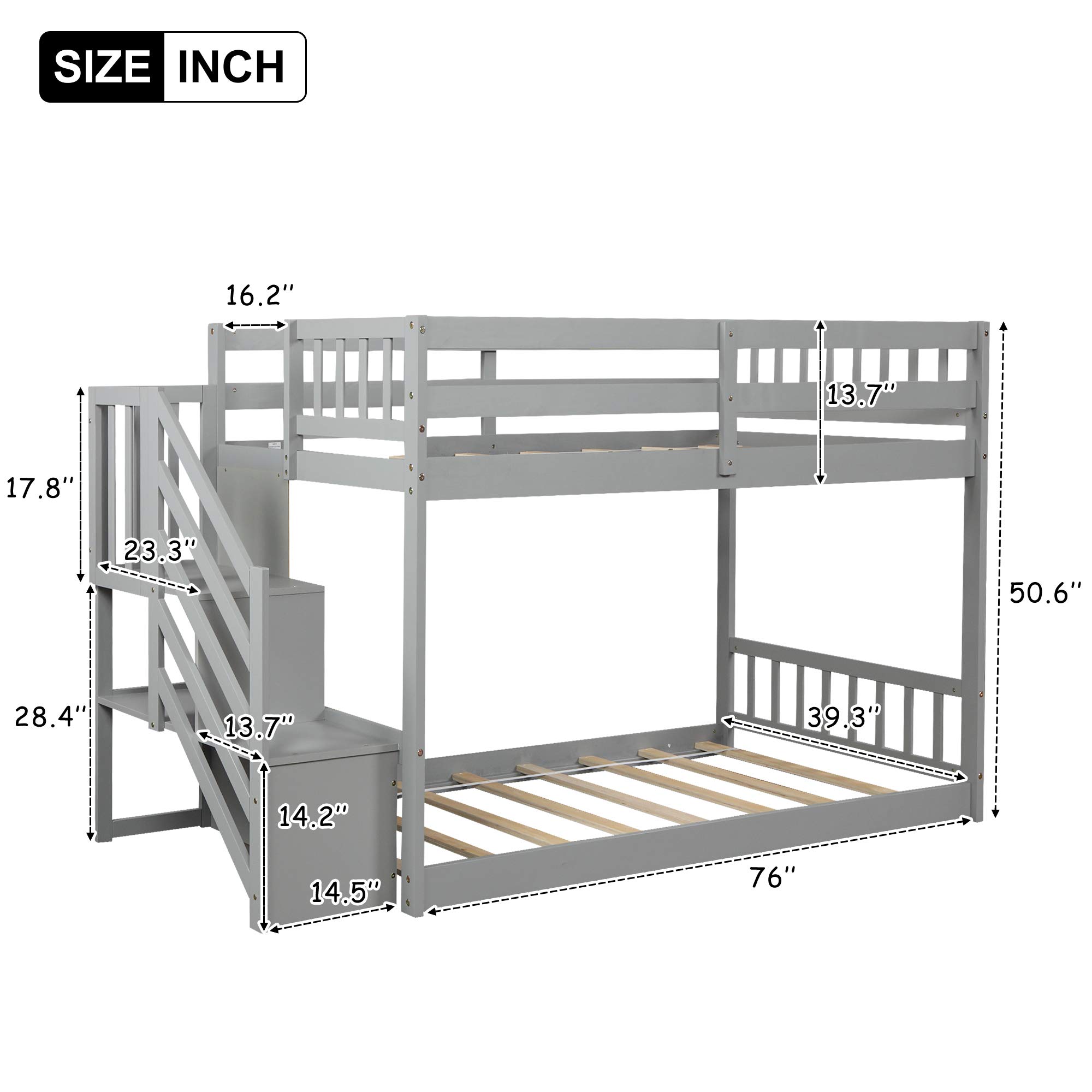 Flieks Bunk Bed with Storage Staircase, Twin Size Bunk Bed for Kids, Teens, No Box Spring Needed (Gray)