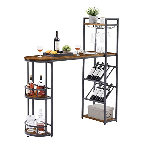 KIVENJAJA Bar Table with Wine Racks, Storage Shelves & Glass Holders, Industrial Small High Top Kitchen Table for 2, 36.4β Counter Height Dining Table Home Bar Unit, Rustic Brown and Black