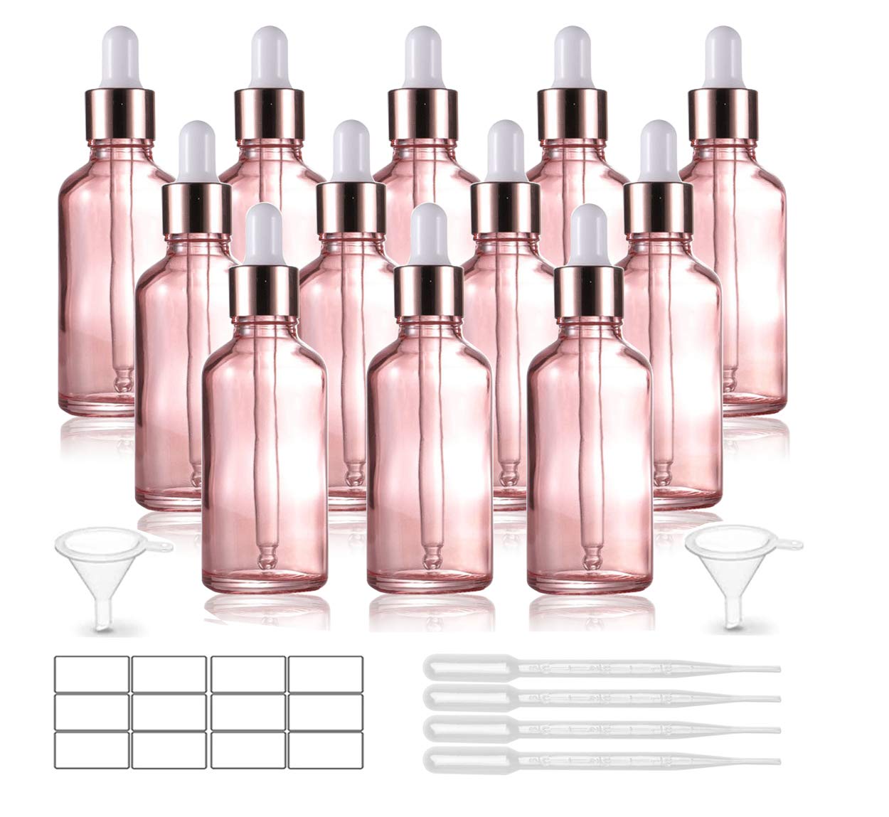 Furnido 12 Pack, 1.7 Oz Pink Glass Bottles with Dropper, Includes Pipette, Funnel, and Stickers for Essential Oils, Perfumes, and DIY Samples
