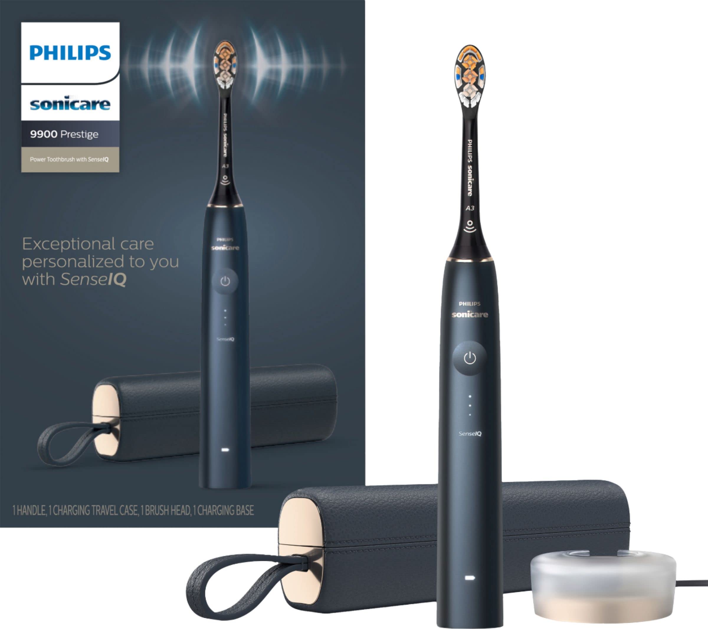 PHILIPS Sonicare 9000 Series Prestige Rechargeable Toothbrush, SenseIQ, Sonic Technology, Travel Case & Wirless Charging, All-in-One Brush Head, GM Cleaning Cloth (Midnight)