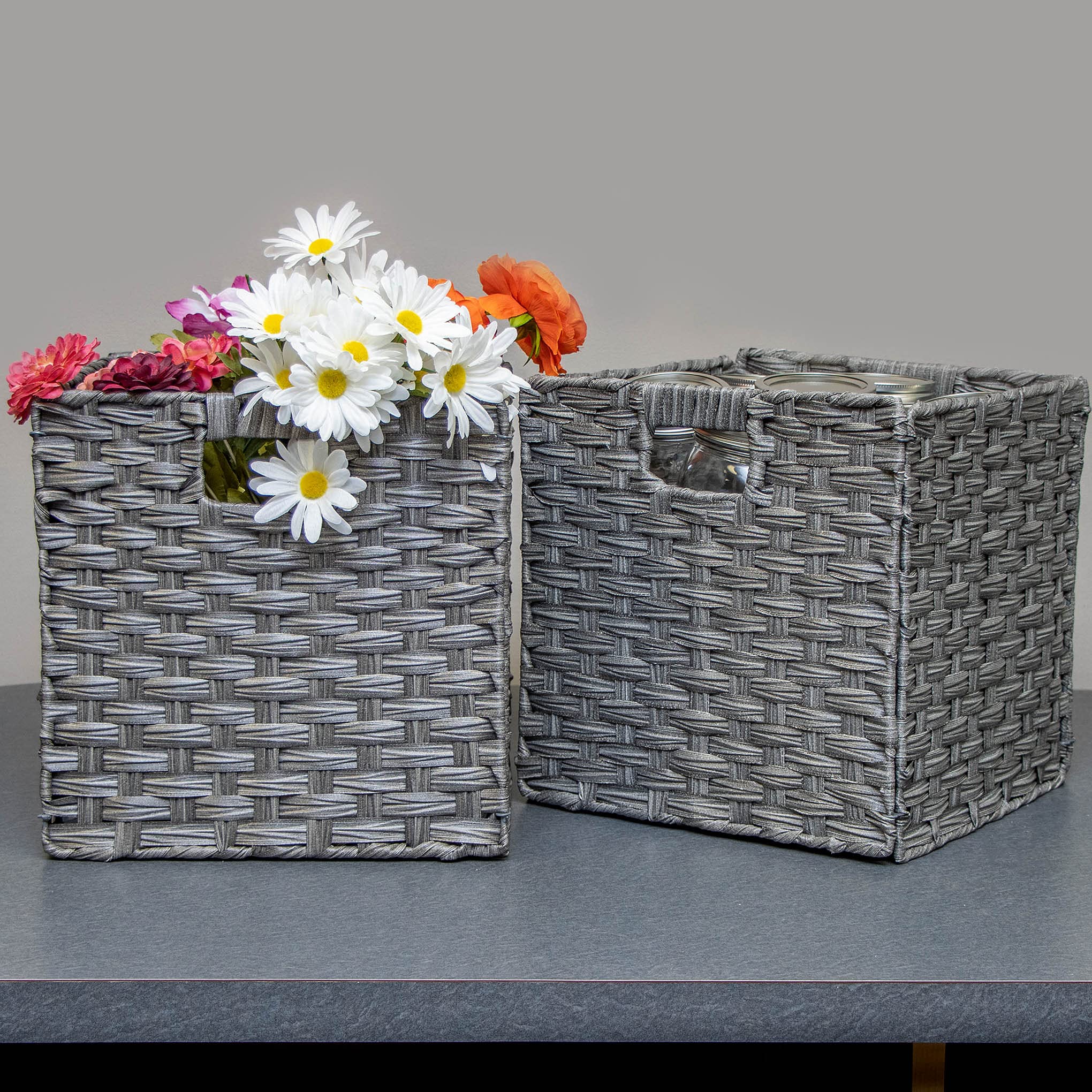 Foldable Synthetic Plastic Wicker Storage Basket with Iron Wire Frame By Blue Ridge Basket Company (Set of 2)