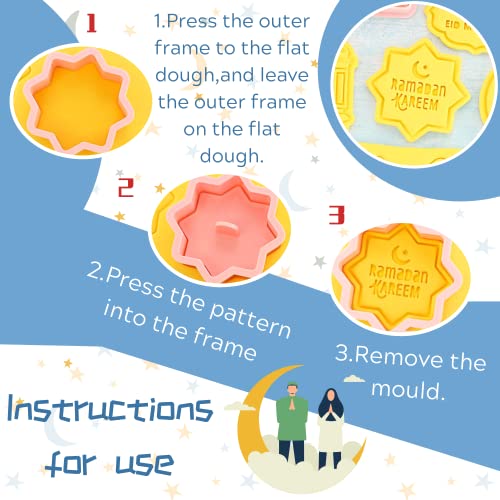 Crethinkaty Eid Mubarak Cookie Cutters-8 Pieces Pressable Eid Mubarak Biscuit Cutters Set-3D Eid Element Cookie Stamps.