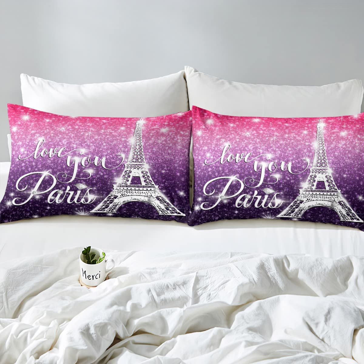 Paris Fitted Sheet Queen Size Kids Eiffel Tower Bed Sheet Sparkle Starry Sky Galaxy Sheet Sets For Boys Girls Teens Bedroom Decor, Romantic French Theme Flat Sheet 4Pcs With 2 Pillow Cases, Purple