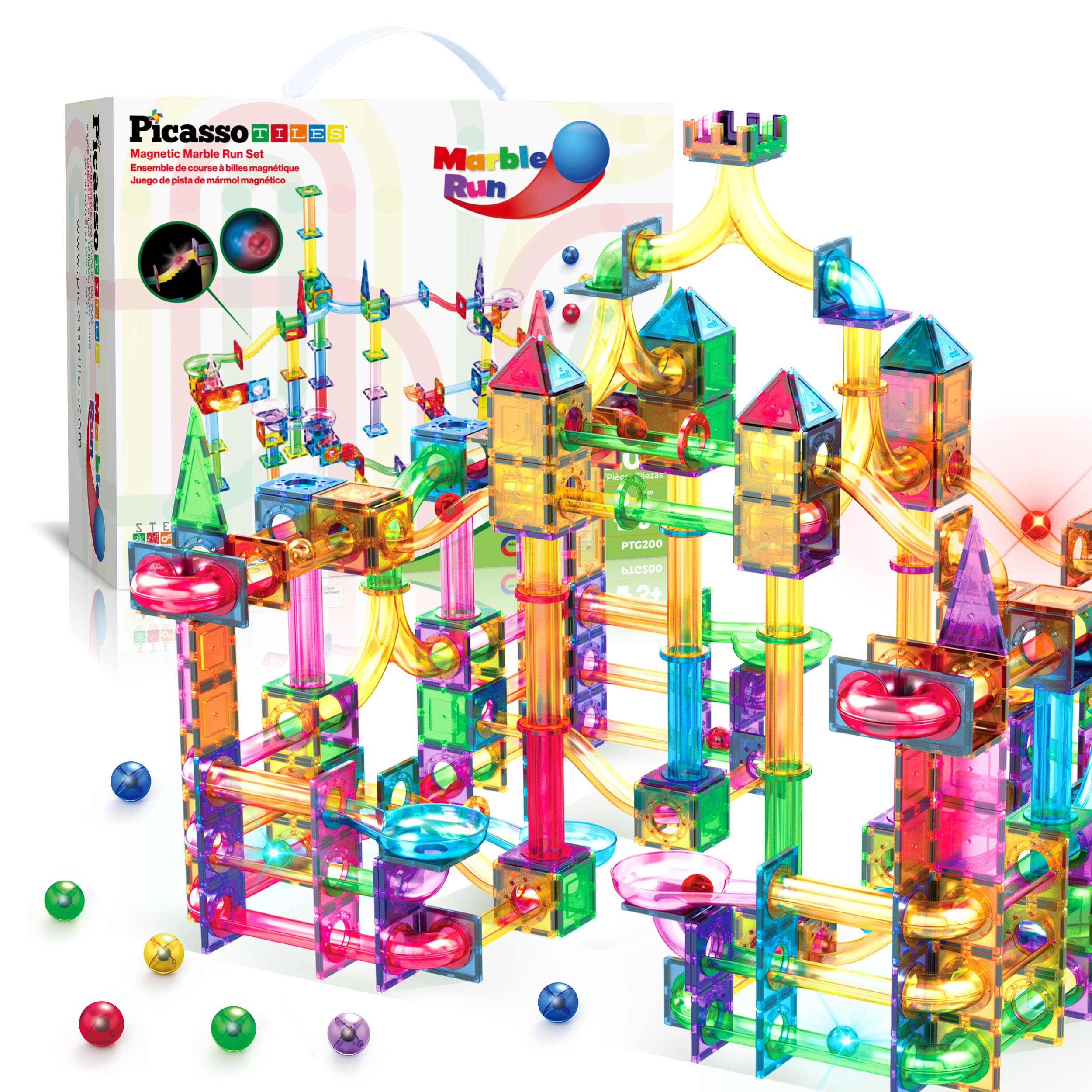 PicassoTiles 200 Piece Magnetic Marble Run Marbles for Kids Race Track Toy Set Marble Maze Sensory Toys for Toddlers STEM Educational Magnet Building Blocks Construction Building Tiles Boys Girls 3+
