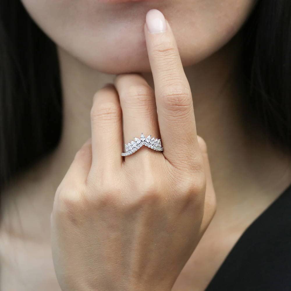 BERRICLE Sterling Silver Wishbone Wedding Rings Cubic Zirconia CZ Crown Anniversary Curved Half Eternity Ring for Women, Rhodium Plated Size 6.5