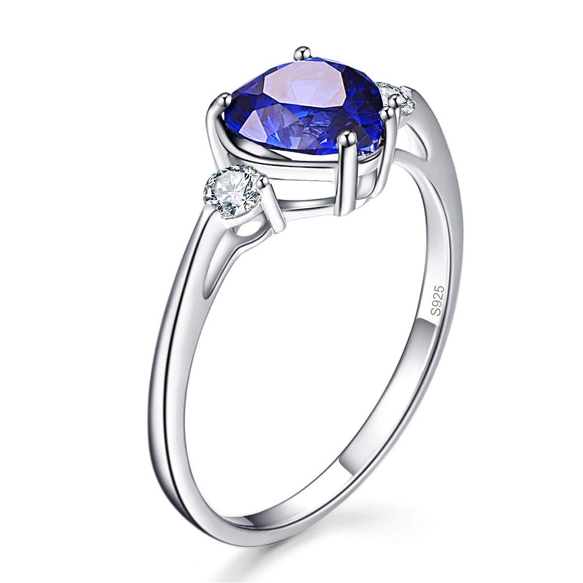 BONLAVIE 2.25ct Created Blue Sapphire Ring 925 Sterling Silver Rhodium Plated Blue Heart Ring Promise Ring Engagement Ring for Her Birthday Anniversary Valentine's Day Size 7