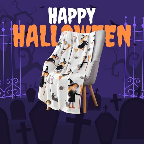 Halloween Throw Blanket: Cute Girl Witch with Faithful Cat Surrounded by Spiders and Bats Print on Fuzzy Soft Velvet Fleece Throw Blanket