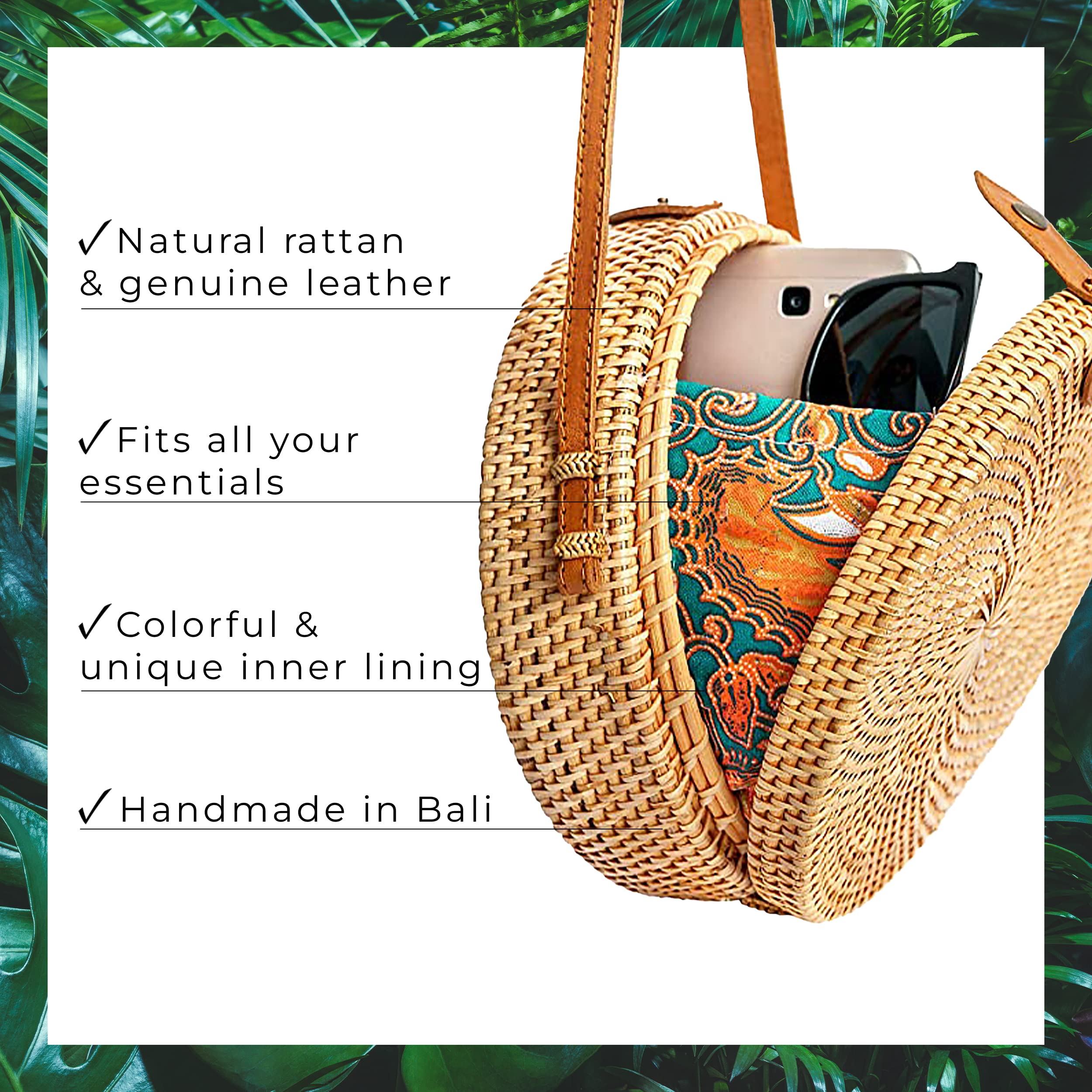 Rattan Bags for Women - Handmade Wicker Woven Purse Handbag Circle Boho Bag Bali (Brown Small)