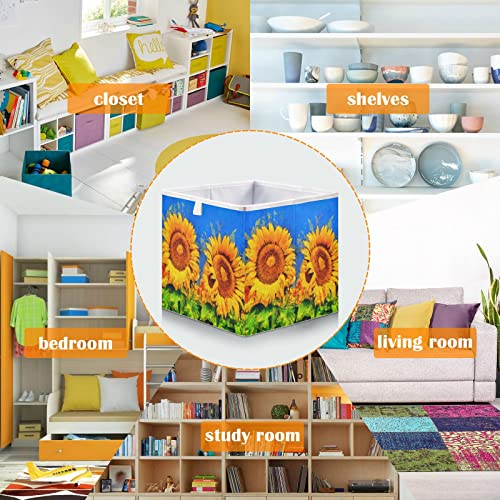 visesunny Closet Baskets Sunflowers Oil Painting Storage Bins Fabric Baskets for Organizing Shelves Foldable Storage Cube Bins for Clothes, Toys, Baby Toiletry, Office Supply