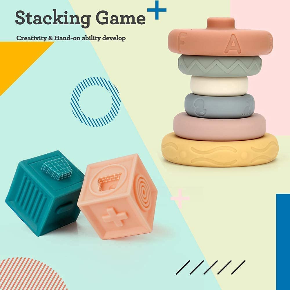 Mini Tudou Baby Blocks & Stacking Rings Toy Set, Baby Sensory Building & Teething Toys Educational Squeeze Play with Animals Shapes Textures Numbers, Holidays for Toddlers Babies 6m+