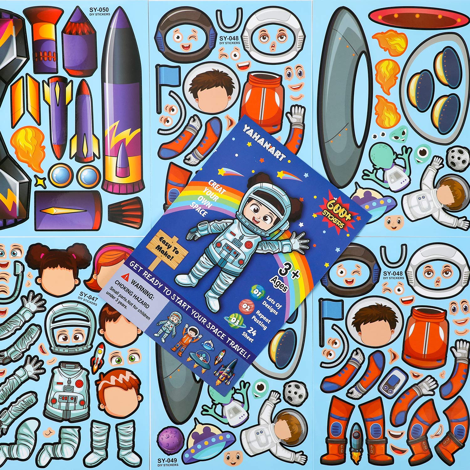 Konsait 48Sheets Outer Space Make Your own Stickers, Make A Face Stickers Solar System Universe Outer Space Theme Party Favor Stickers for Boys Girls Birthday Goodie Bag Filler School Rewards