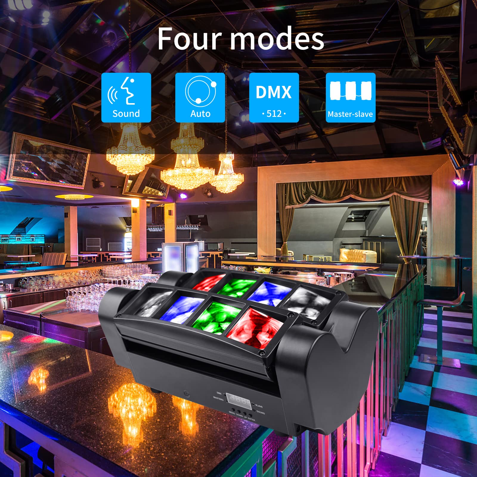 Seven Stars Moving Head DJ Light, 8 Beams Spider LED Stage Light, Master-Slave/DMX/Sound/Auto Control Modes, RGBW 4 in 1 Spotlighting for Wedding, Karaoke, Disco, Light Show and Events (2 Pack)