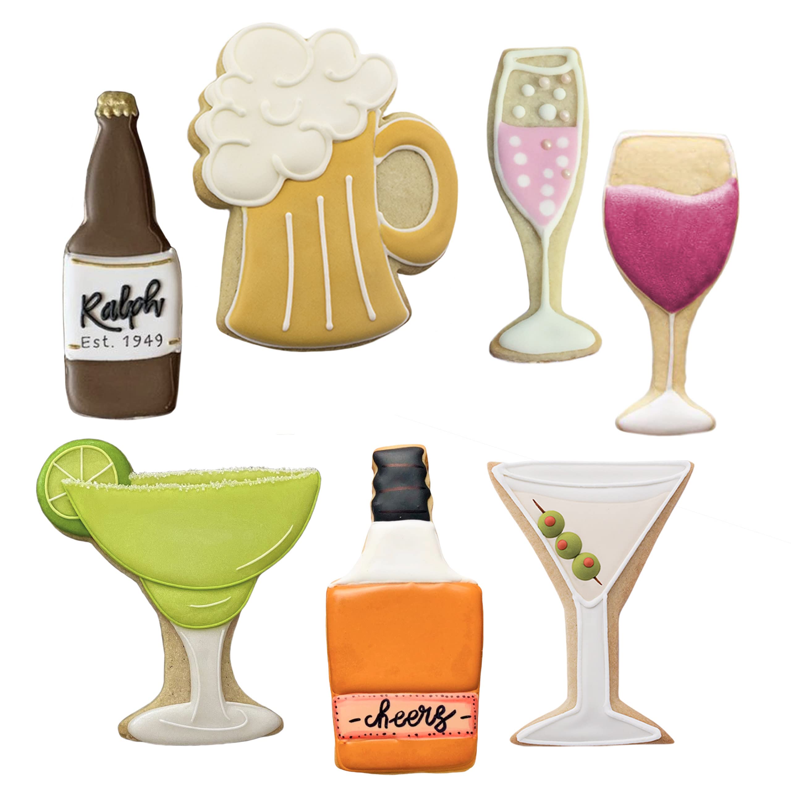 Cocktail Party Cookie Cutters 7-Pc. Set Made in the USA by Ann Clark, Beer Bottle, Beer Mug, Martini Glass, Wine Glass and More