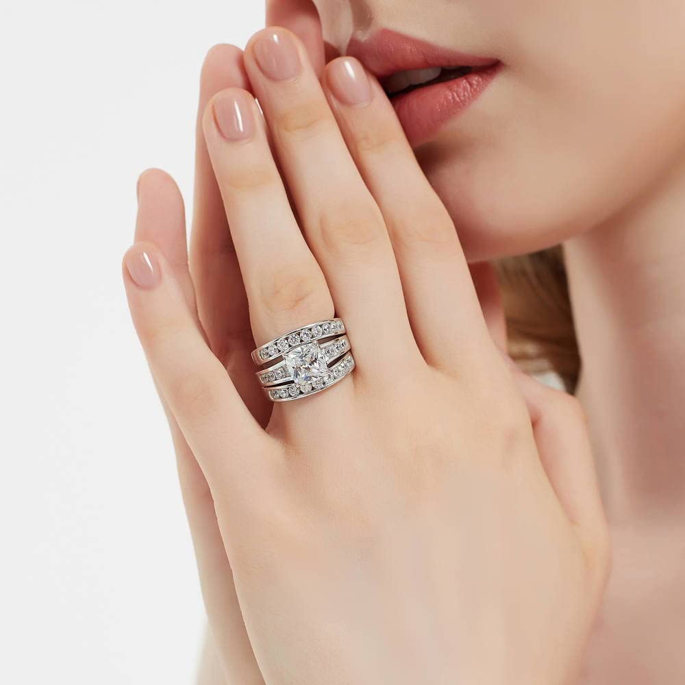 BERRICLE Sterling Silver Solitaire Wedding Engagement Rings 3 Carat Cushion Cut Cubic Zirconia CZ Ring Set for Women, Rhodium Plated Size 7