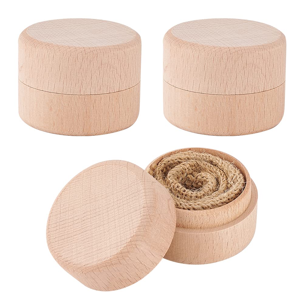 FINGERINSPIRE 3 Pcs Mini Round Wooden Box 1.8x1.4 inch Small Wooden Ring Box with Linen BurlyWood Ring Jewelry Earring Trinket Box DIY Wood Storage Container Case for Proposal Wedding Ring Storage