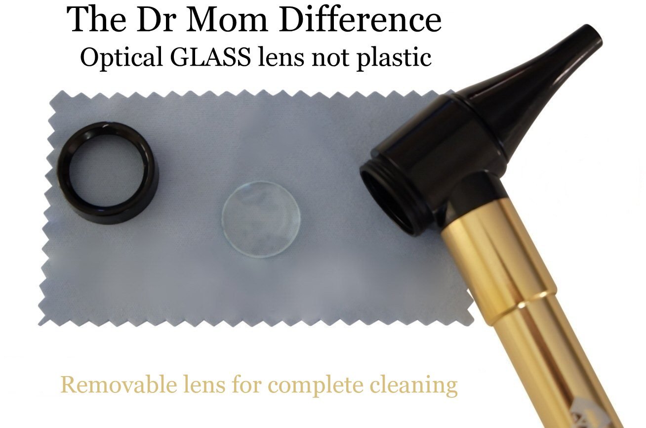 Hard CASE - Third Generation Dr Mom Slimline Stainless LED Pocket Otoscope Now Includes True View Full Spectrum LED and Pocket Clip in Hard Plastic case for Travel - Gold