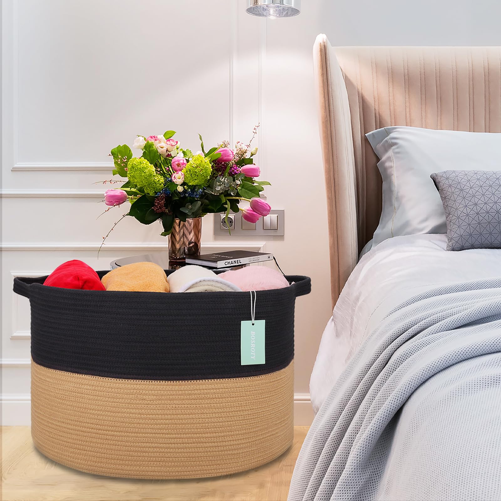 BOSROTY Extra Large Cotton Rope Basket For Girls Kids 87L, Nursery Hamper, Large Laundry Basket , Nursery Bin, Woven Basket Organizer For Storage Toys Blankets Clothes, 22βx 14β, Blend White & Pink