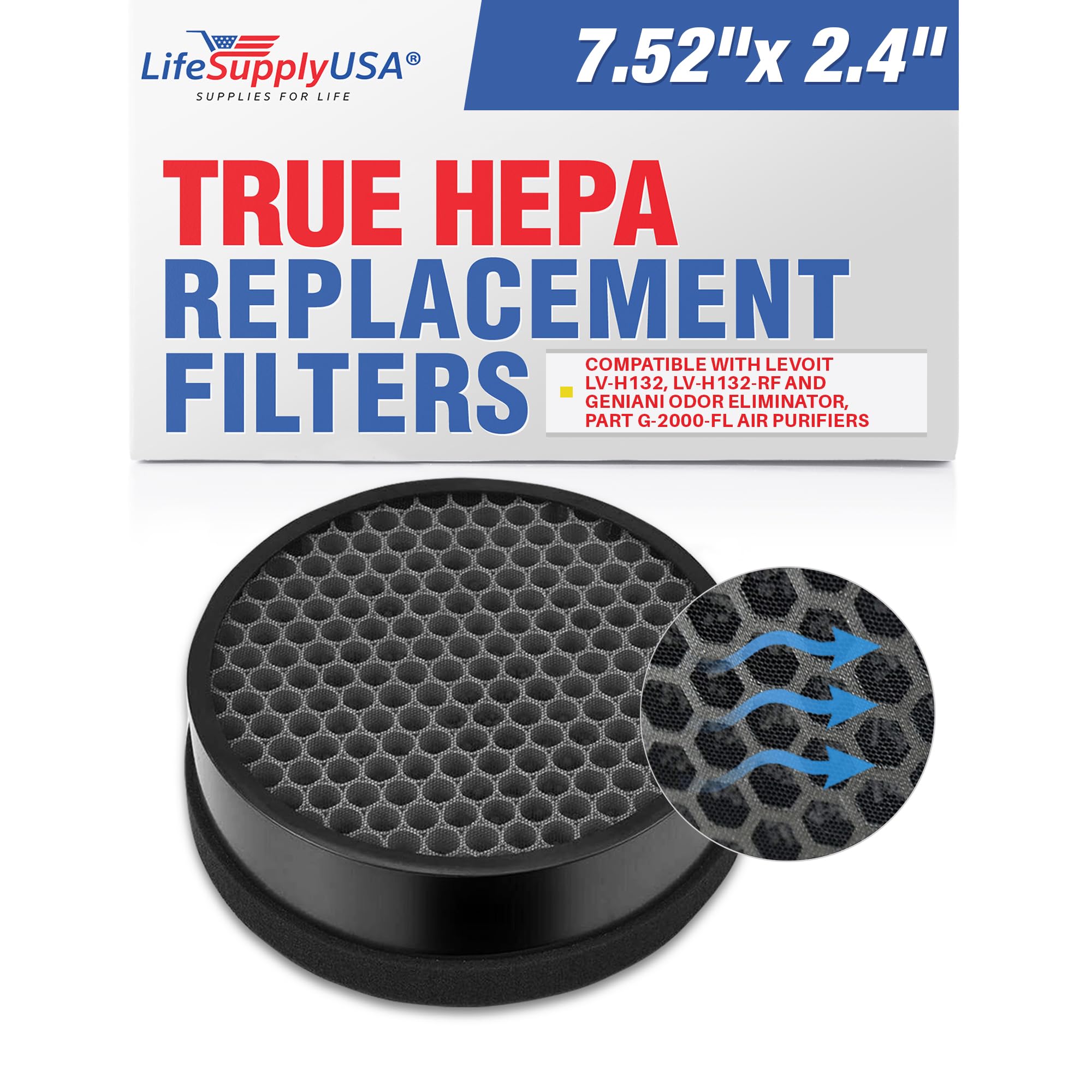 LifeSupplyUSA 2-in-1 True HEPA Air Cleaner Replacement Filter + Activated Carbon Charcoal Compatible with Levoit LV-H132, LV-H132-RF and Geniani Odor Eliminator, Part G-2000-FL Air Purifiers