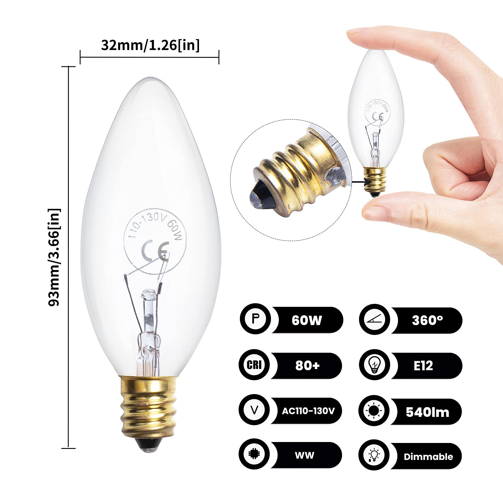 Bonlux 60W 120V E12 Base B10 CTC Incandescent Clear Light Bulbs Dimmable Candelabra Bulb B10 Transparent Candle Bulb for Chandeliers and Wall Lights, Warm White 2600K, 10-Pack