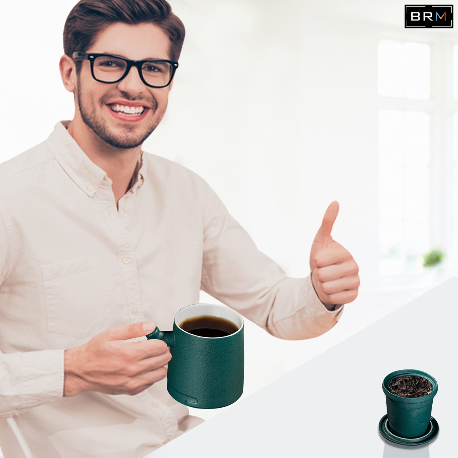 BRM Green Ceramic Tea Cup with Lid, Strainer and Reinforced Wooden Handle (Clearance everything must go!)
