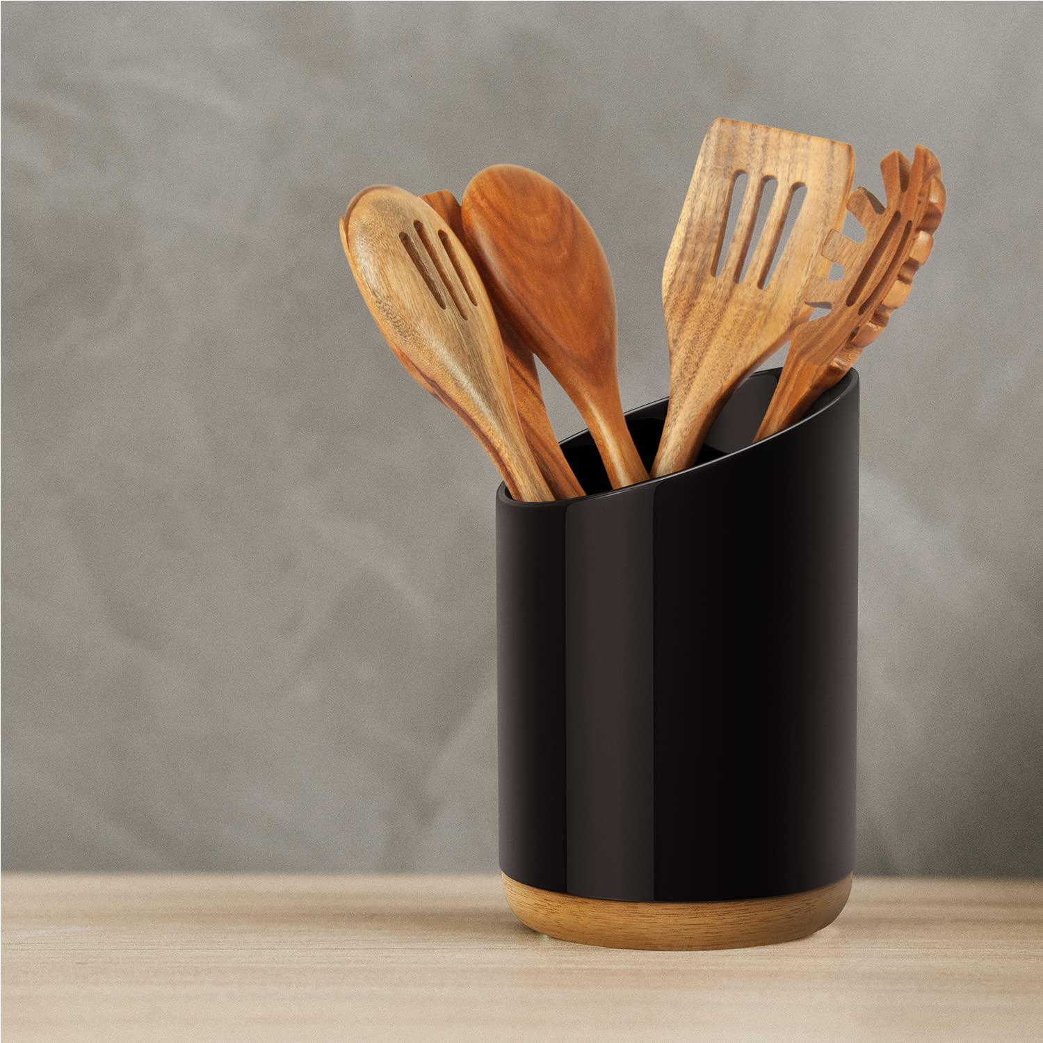 KARRYOUNG Ceramic Utensil Holder for Kitchen Countertop β Cooking Utensil Caddy Organizer with Acacia Wooden Base,5.5 x 7.5 Inches,Black