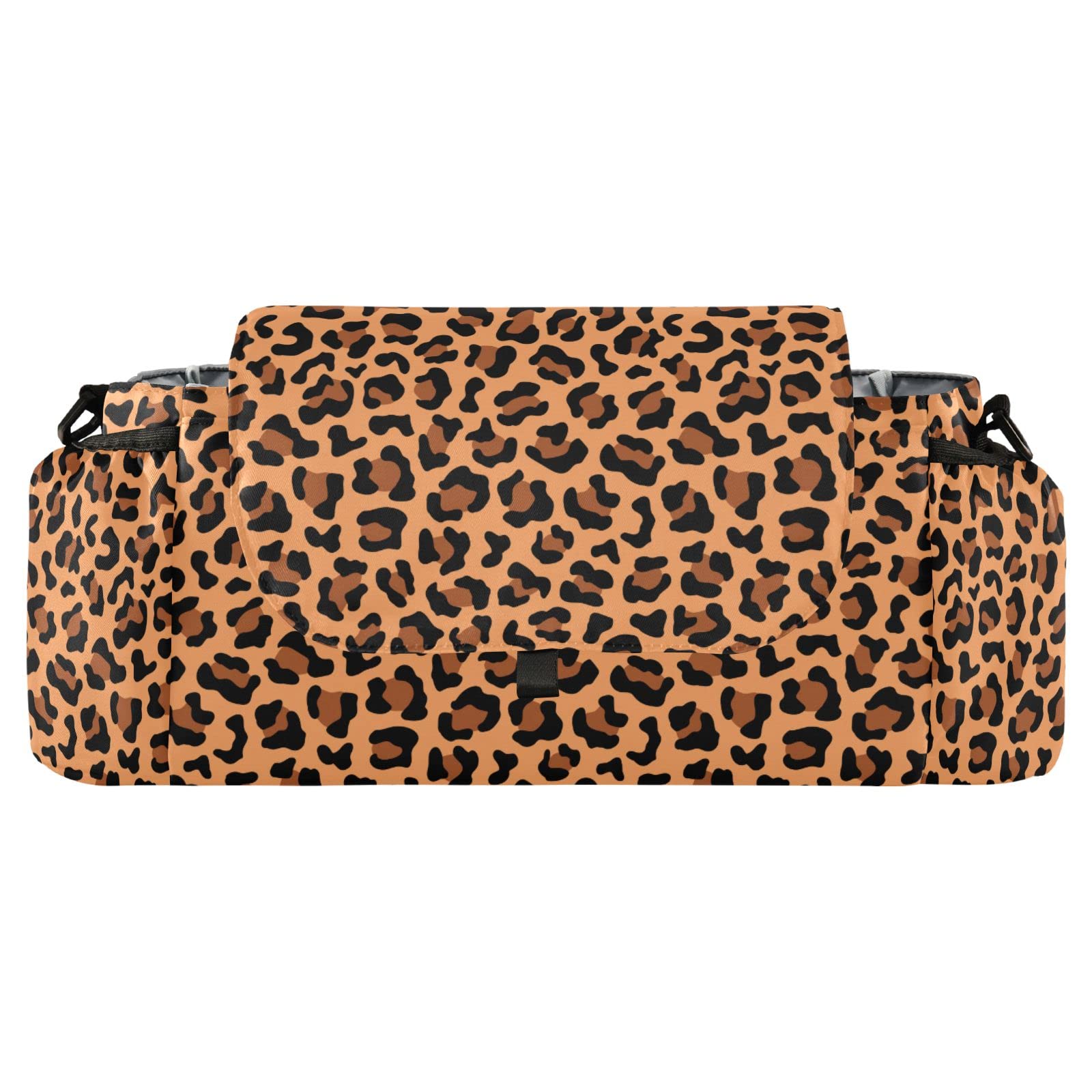 BOENLE Universal Baby Stroller Organizer with Two Insulated Cup Holders Brown Leopard Print Detachable Zipper Bag,Large Capacity for Baby Essentials