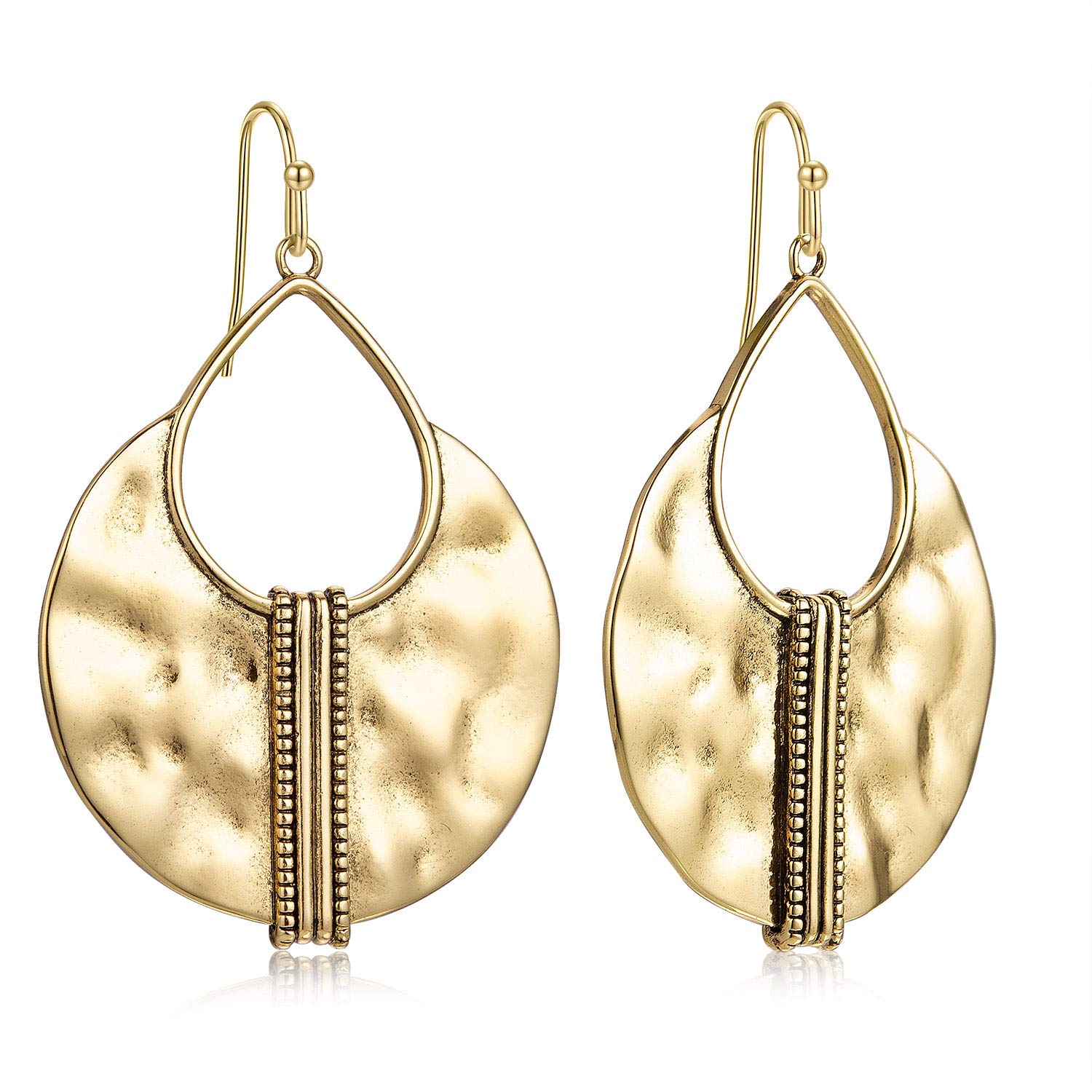 Boho Silver Ethnic Hammered Crescent Dangle Earrings for Women