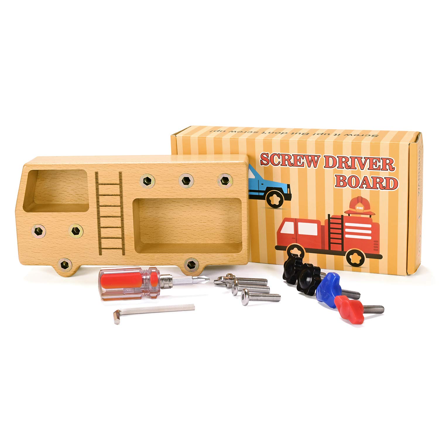 LUEUR Montessori Toys for Toddlers - Screw Driver Board for kids, Basic Skills Educational Learning Sensory Toy, Wooden Fire Truck Montessori Materials for kids over 3 Year Olds, Preschool, Classroom…