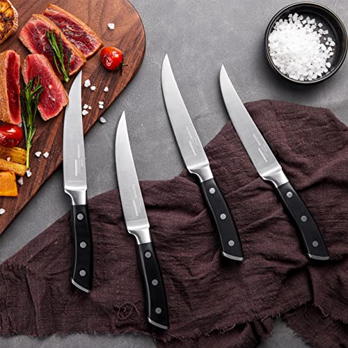 OAKSWARE Steak Knives, Non Serrated Steak Knife Set of 4, 5 Inch German Steel Steak Knife Set, 4 Pieces Professional Straight Edge Kitchen Table Dinner Knives - Full Tang Ergonomic Handle