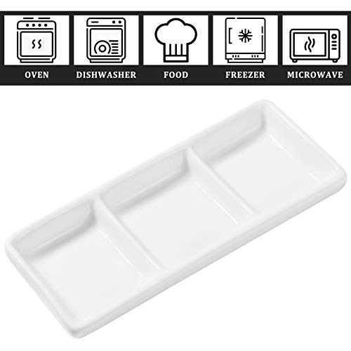 DOITOOL 6 Inch Mini 3 Compartment Appetizer Serving Tray White Ceramic Rectangular Divided Sauce Dishes Chips Dip Sauce Dishes for Dish Soy Sauce 14.8 x 6 x 2 cm