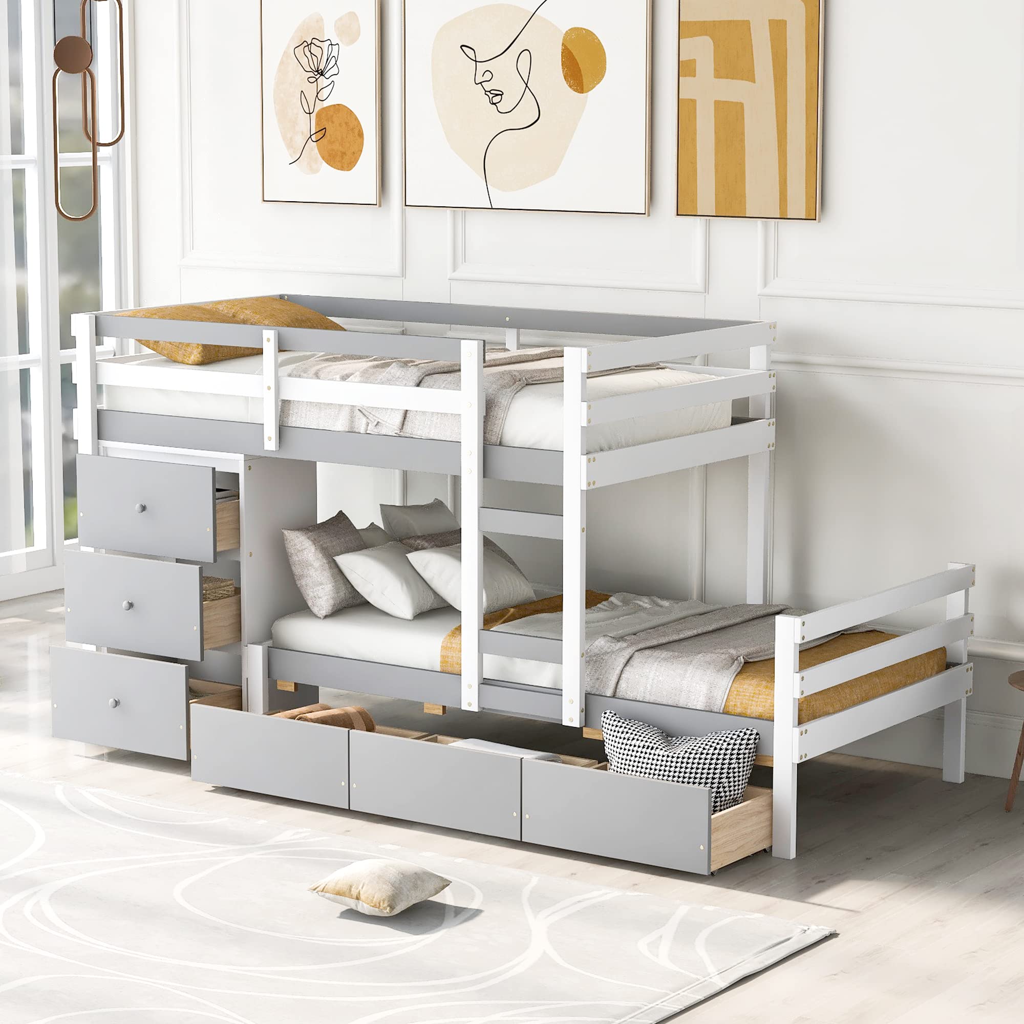 Harper & Bright Designs Low Bunk Bed with Storage Drawers and Ladder, Solid Wood Twin Over Twin Bunk Bed Frame for Kids Teens Girls Boys - Natural