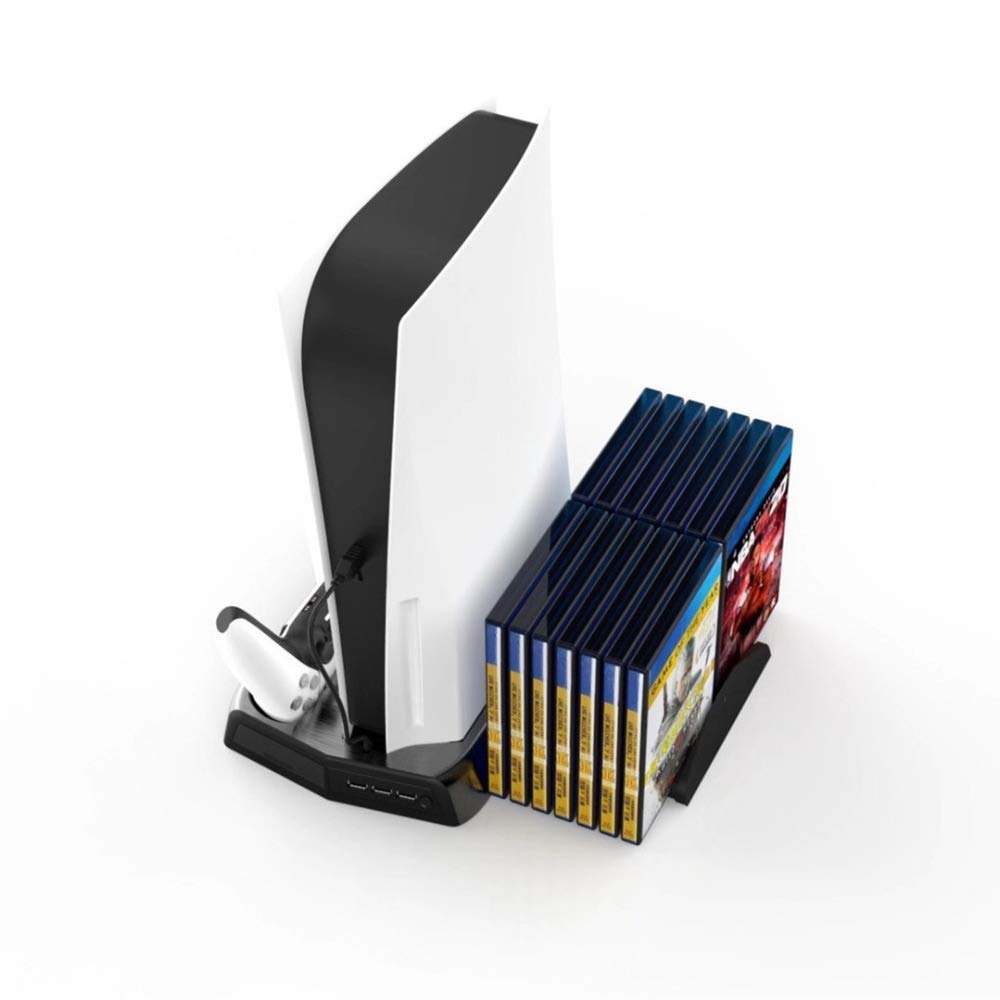 LULU MART PS5 Console with Dualsense Charging Station Cooling Fan Vertical Stand, Retractable Video Game Disc Storage for PS5 All in 1 Console Playstation 5 Console