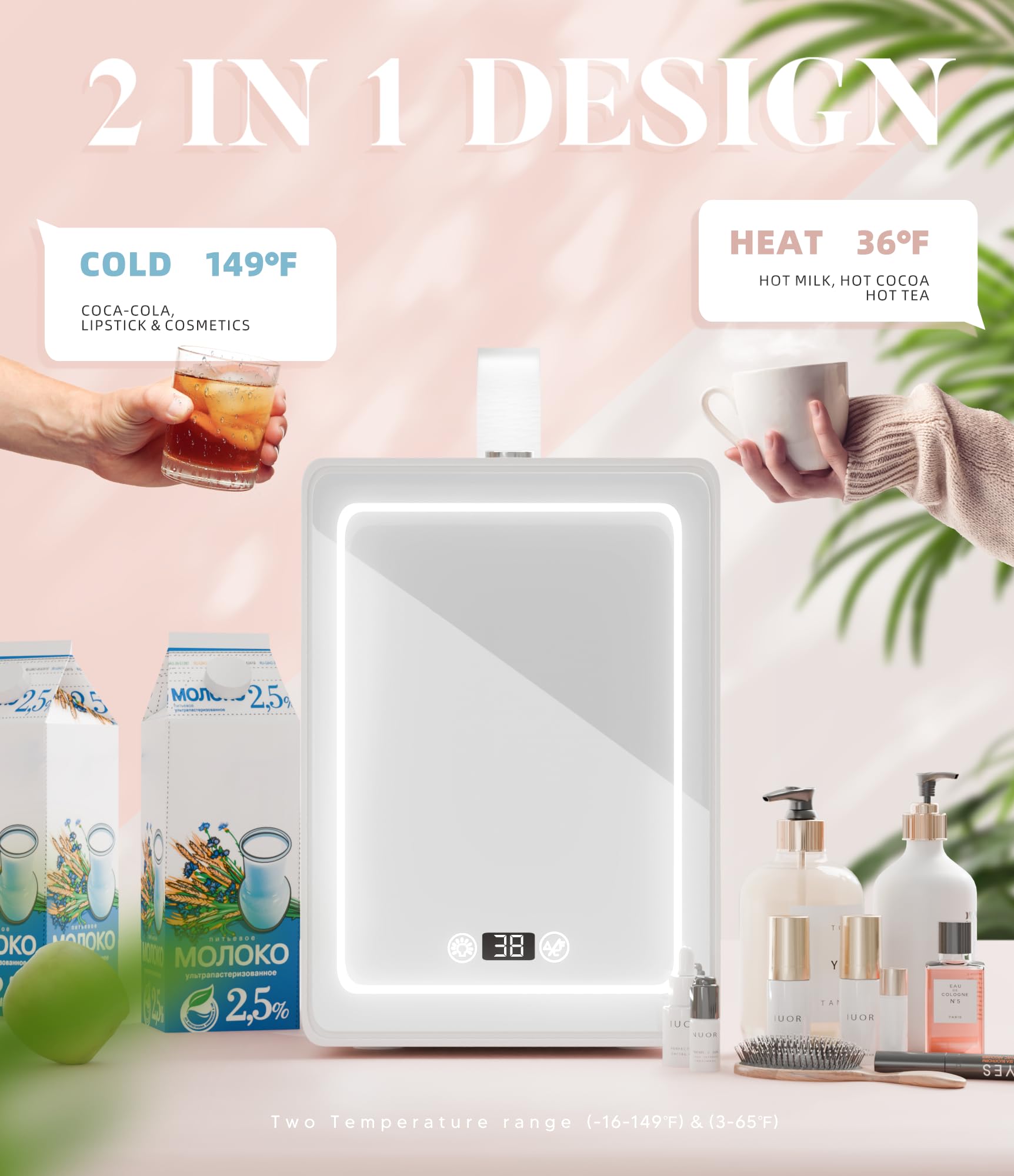 BOGDA 4L Mini Skincare Fridge with Dimmable LED Light Mirror, Cooler and Warmer Temperature Control Digital Display, Portable Cosmetic Refrigerator for Makeup, Skin Care, Bedroom Office Car, White