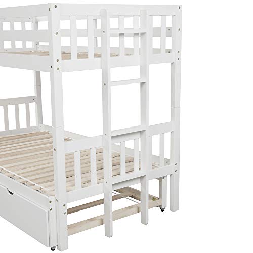 KLMM Twin Over Pull-Out Bunk Bed with Trundle, Wooden Twin Over Twin/Full/Queen/King Accommodate 4 People Extendable Bunk Beds with Ladder and Safety Rail (White)