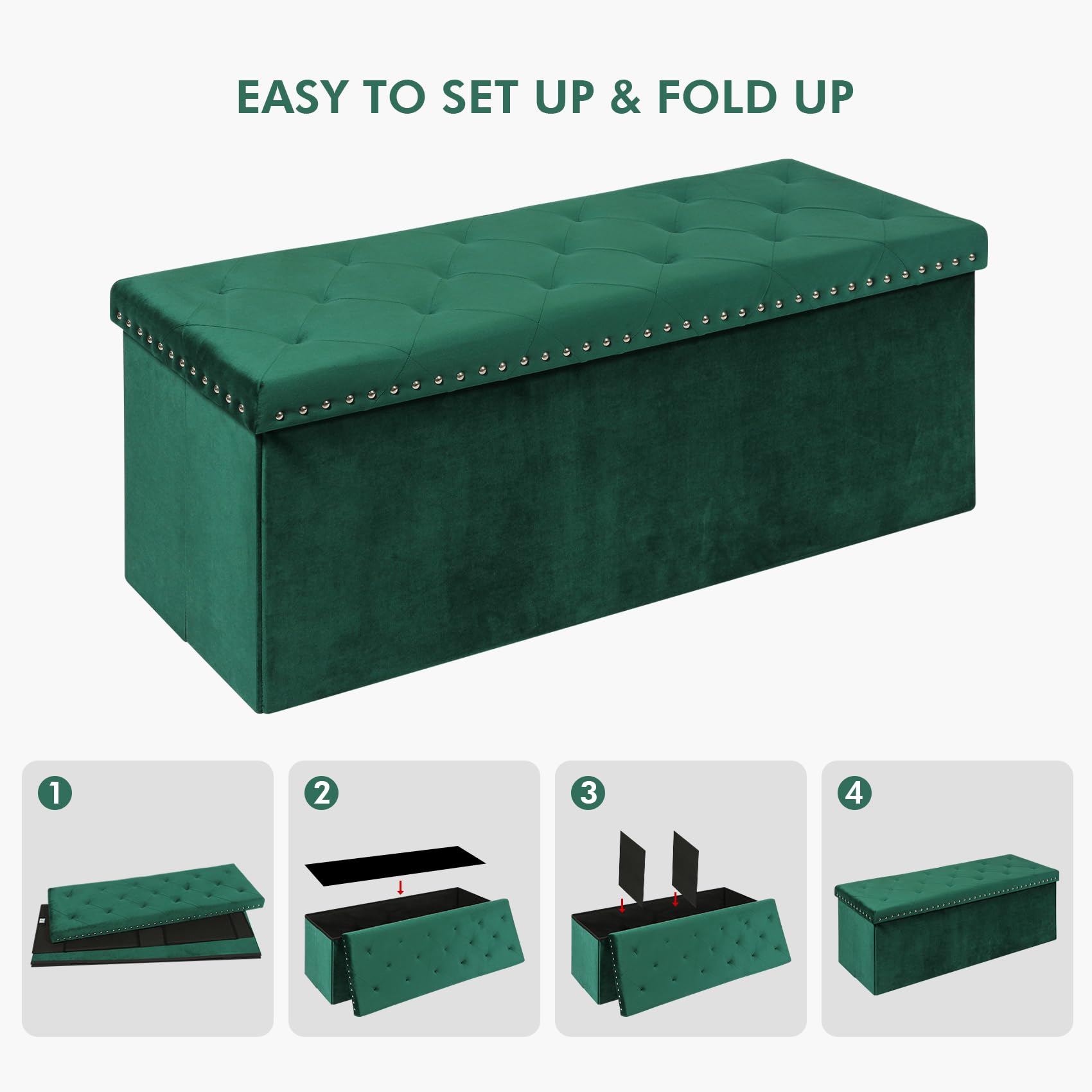 PINPLUS Storage Ottoman Bench for Bedroom, Green Ottoman Folding Velvet Toy Chest with Benches Foot Rest Stool, Large Long Foldable Chest for Entryway Living Room, 41.3"x15.7"x15.7"