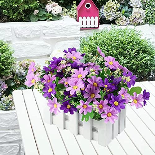Louis Garden Artificial Flowers Fake Daisy in Picket Fence Pot Pack - Mini Potted Plant (Daisy-Purple)